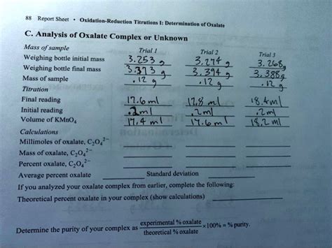 Report Sheet Oxidation Reduction Titrations Determination Of Oxalate C Analysis Of Oxalate