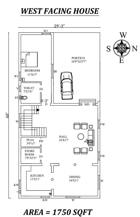 29 3 X60 Single Bhk West Facing House Plan As Per Vastu Shastra