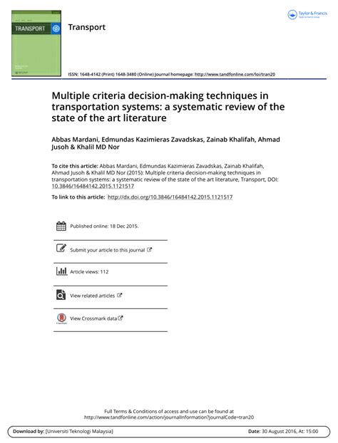 Pdf Multiple Criteria Decision Making Techniques In Transportation Systems A Systematic