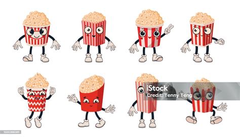 만화 팝콘 마스코트입니다 귀여운 팝핑 옥수수 컵 얼굴 손 다리가 있는 재미있는 이모티콘 플랫 벡터 일러스트레이션 세트 Salty Snack에 대한 스톡 벡터 아트 및 기타