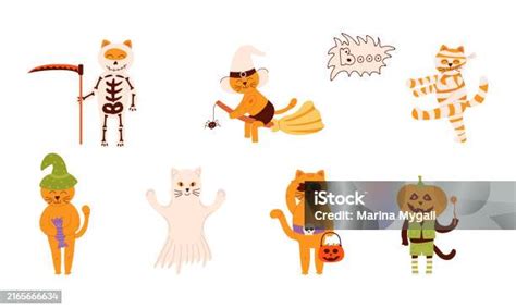 귀여운 할로윈 고양이 세트 할로윈 파티를 위한 호박 의상 및 물약 캐릭터 및 마법 아이템을 가진 귀여운 고양이 스크랩북 인사말 카드 파티 초대장 포스터 태그 스티커에