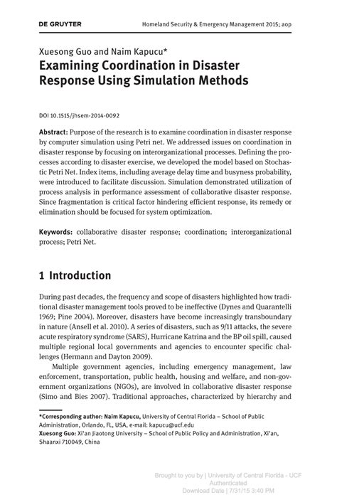 Pdf Examining Coordination In Disaster Response Using Simulation Methods