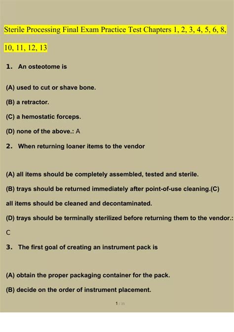 Sterile Processing Final Exam Practice Test Chapters 1 2 3 4 5 6