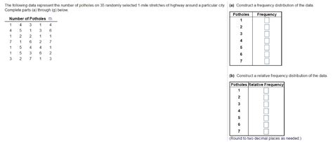 Solved The Following Data Represent The Number Of Potholes