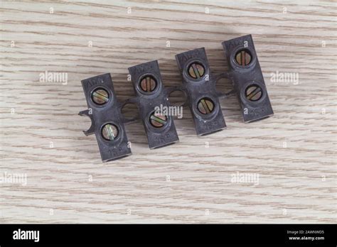 Black Connecting Block For Connecting Wires On Wooden Background Stock Photo Alamy
