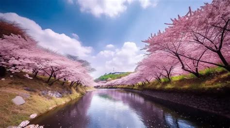 분홍색 벚꽃이 늘어선 강 벚꽃 강 봄 고화질 사진 사진 물 배경 일러스트 및 사진 무료 다운로드 Pngtree
