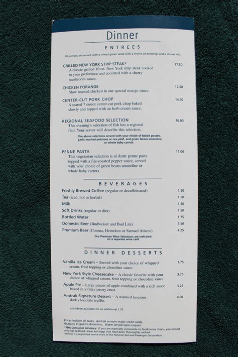 Amtrak Railroad Menu Breakfast Lunch Dinner Railway Train Parlor Dining