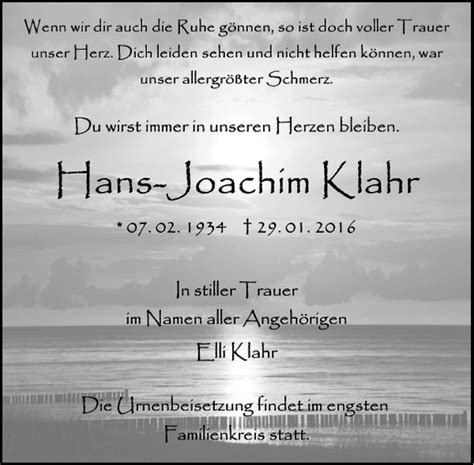 Traueranzeigen Von Hans Joachim Klahr Trauer Anzeigende