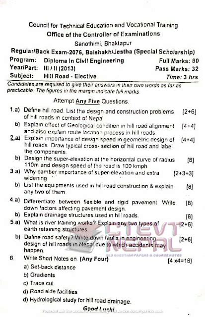 hill road elective 6th semester questions papers ctevt diploma in