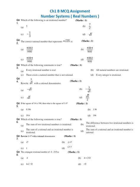 001 B Mcq Assignmnt Number Systems Real Numbers Pdf Rational Number Numbers