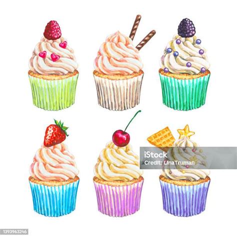 수채화 컵 케이크 컬렉션 수채화 컵 케이크 세트 컵 케이크의 다른 유형 손으로 그린 수채화 컵 케이크와 장식 크림 및 베리 달콤한 맛있는 음식 일러스트레이션 광고에 대한