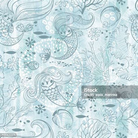 해저 세계 인어와 만화 원활한 패턴 파란색 수채화 배경에 벡터 일러스트레이션입니다 디자인 템플릿 벽지 포장 직물 및 섬유에 적합합니다 0명에 대한 스톡 벡터 아트 및 기타