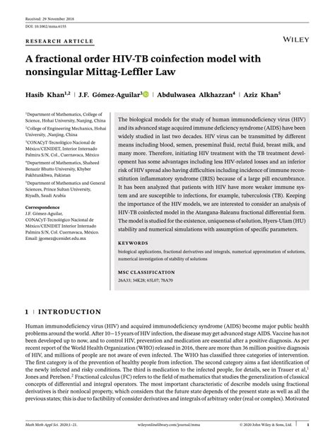 Pdf A Fractional Order Hiv‐tb Coinfection Model With Nonsingular Mittag‐leffler Law
