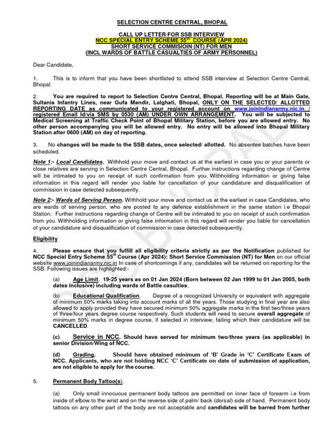 Call Up Letter Scc Bhopal For Ssc Ncc Men 55 Course Pdf Identity