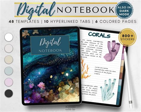 Digital Notebook With 10 Tabs Hyperlinked 48 Note Templates Dark Mode In 6 Colored Pages Etsy