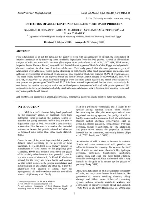 Pdf Detection Of Adulteration In Milk And Some Dairy Products