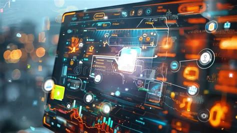 innovative digital interface displaying data visualizations at sunset