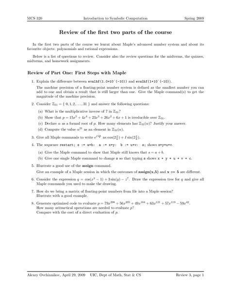 Introduction To Symbolic Computation Review Sheet Mcs 320 Docsity