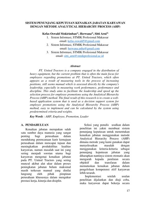 PDF SISTEM PENUNJANG KEPUTUSAN KENAIKAN JABATAN KARYAWAN DENGAN METODE ANALYTICAL HIERARCHY