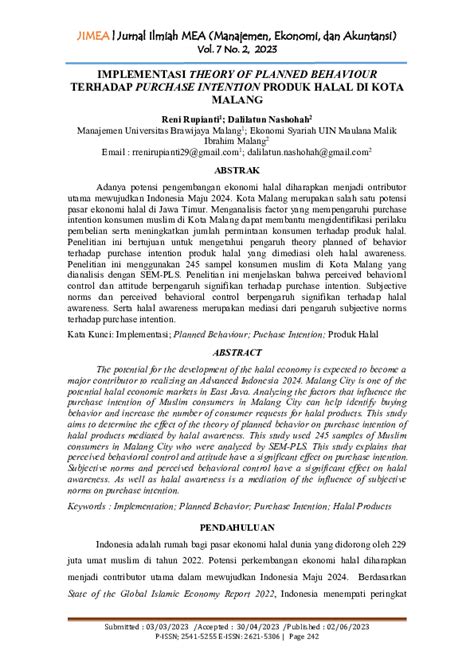 Pdf Implementasi Theory Of Planned Behaviour Terhadap Purchase Intention Produk Halal Di Kota