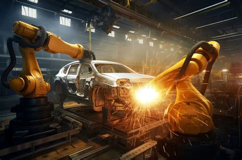 Automated Robotic Arms Line Welding Assembly Car Working At Futuristic