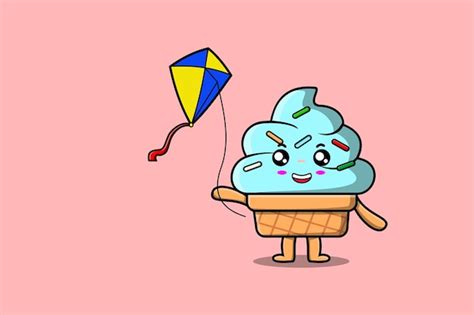 연 비행 만화 아이콘 벡터 일러스트 레이 션을 재생하는 귀여운 만화 아이스크림 캐릭터 프리미엄 벡터