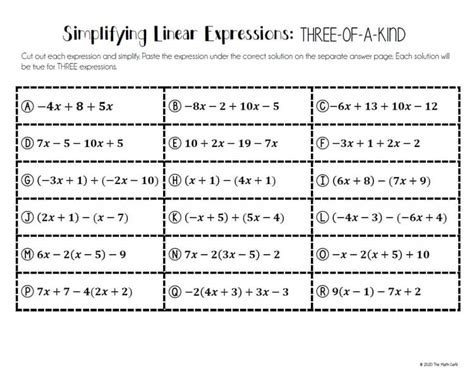 Simplifying Linear Expressions 3 Of A Kind Activity By The Math Cafe