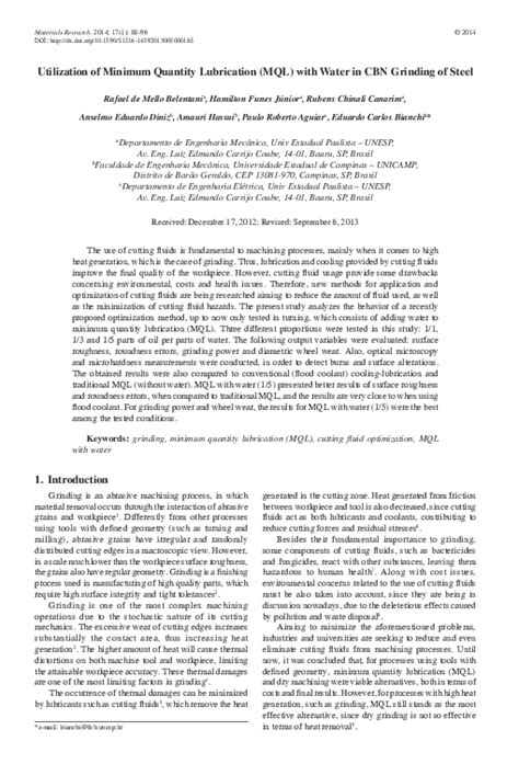 Pdf Utilization Of Minimum Quantity Lubrication Mql With Water In Cbn Grinding Of Steel