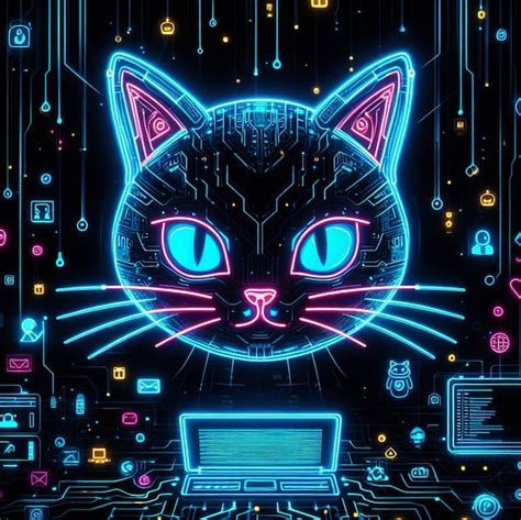 Cybernetic Cat Illuminating The Night With Futuristic Feline Vigilance And Neon Colorful Space