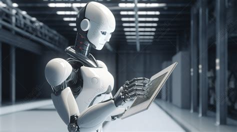 태블릿을 들고 있는 공장의 안드로이드 로봇 3d 렌더링 태블릿 배경 컴퓨터 기술 배경 3d 공장 배경 이미지 Hd 태블릿 컴퓨터 기술 3d 공장 배경 사진 무료