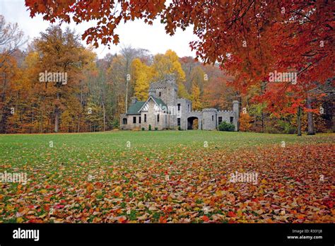 Squires Castle Framed By Ohio Fall Foliage In The North Chagrin