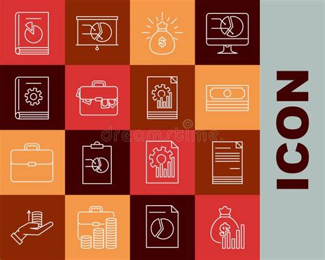 Set Line Money Bag And Diagram Graph Document Stacks Paper Money Cash