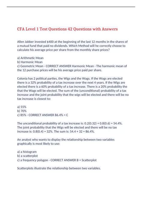 Cfa Level 1 Test Questions 42 Questions With Answers 100 Correct Cfa