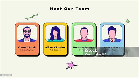 네오 브루탈리즘 프리젠 테이션 슬라이드 비즈니스 데이터 분석 Y2k 트렌디한 디자인 소프트웨어 엔지니어 웹 및 Ux 디자이너로 구성된 팀이 회의를 하고 있습니다 4에 대한