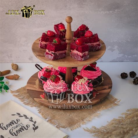 لوکس باکس ظرف شیرینی خوری چوبی پایه دار دو طبقه لوکس باکس کد Lb472