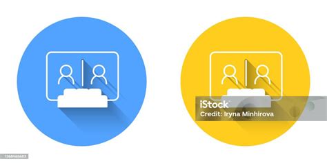 긴 그림자 배경으로 격리 된 화이트 비디오 채팅 컨퍼런스 아이콘 온라인 미팅 업무양식홈 원격 프로젝트 관리 서클 버튼입니다 벡터 Brand Name Online