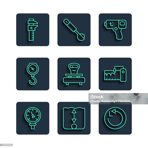 라인 설정 압력 수량계 깊이 측정 반경 디지털 온도계 저울 핸드 스케일 스프링 기계 캘리퍼 또는 캘리퍼스 및 측정 기기 아이콘 벡터 거리가 먼에 대한 스톡 벡터 아트 및