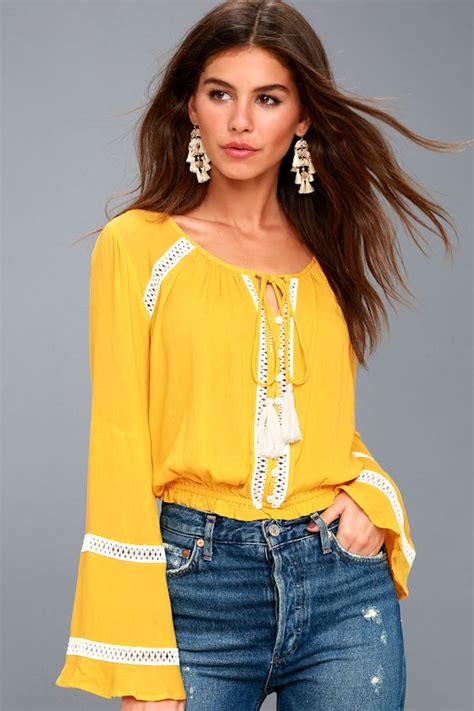 Cute Yellow Crop Top Long Sleeve Top Crochet Lace Top Lulus