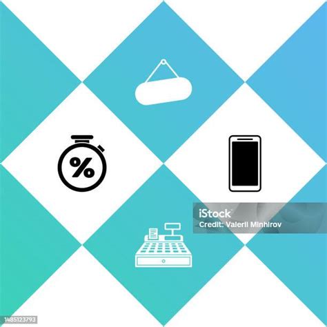 스톱워치 및 퍼센트 금전 등록기 간판 걸이 및 스마트 폰 휴대 전화 아이콘을 설정합니다 벡터 검은색에 대한 스톡 벡터 아트 및 기타 이미지 Istock