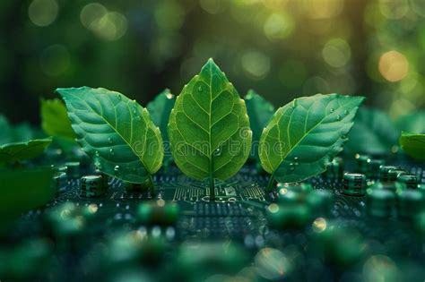 A Digital Illustration Of Green Leaves Growing From An Electronic Circuit Board Symbolizing The