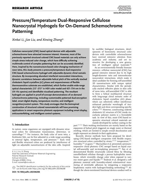 Pressuretemperature Dual‐responsive Cellulose Nanocrystal Hydrogels For On‐demand Schemochrome