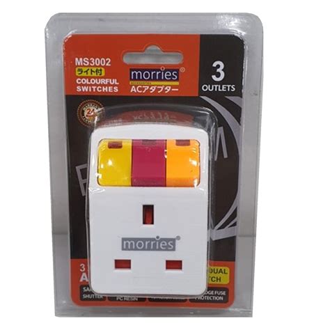Morries 3 Way Adaptor With Colourful Switches And Surge Protection Ms3002