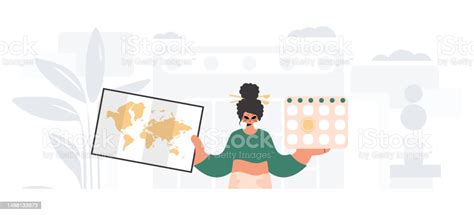 활기찬 여인은 달력과 세계 차트를 손에 들고 있습니다 휴식과 여행의 개념 트렌디한 스타일 벡터 일러스트레이션 개념에 대한 스톡