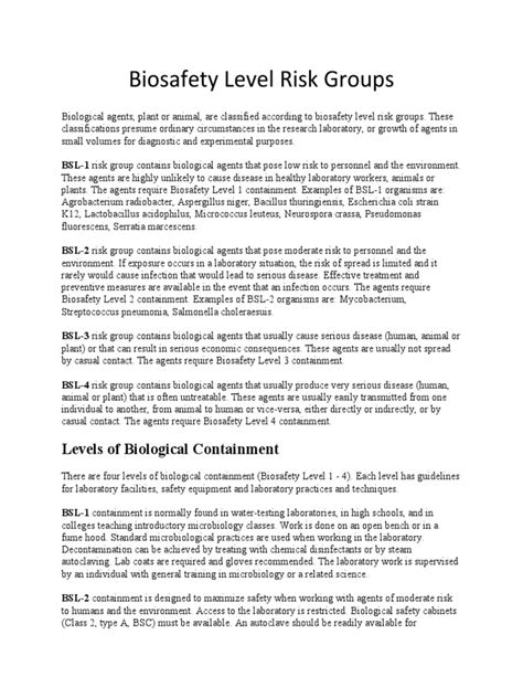Biosafety Level Risk Groups Levels Of Biological Containment Pdf