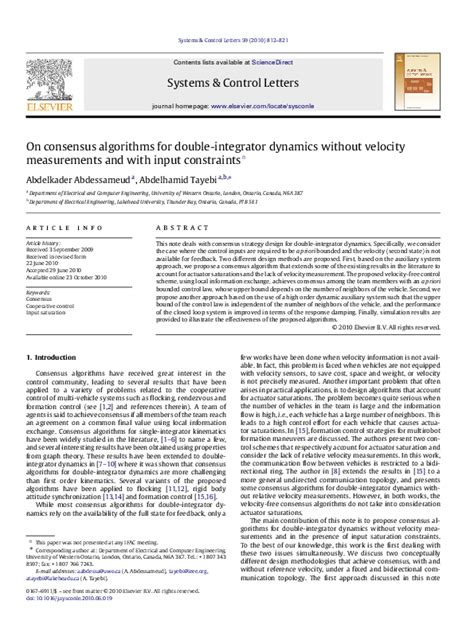 Pdf On Consensus Algorithms For Double Integrator Dynamics Without