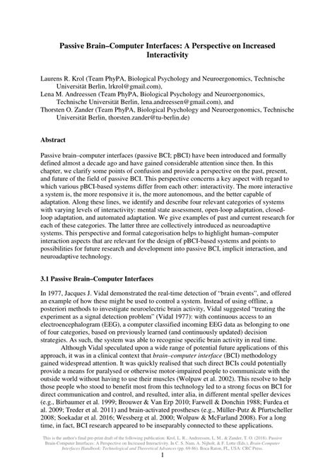 Pdf Passive Brain Computer Interfaces A Perspective On Increased Interactivity