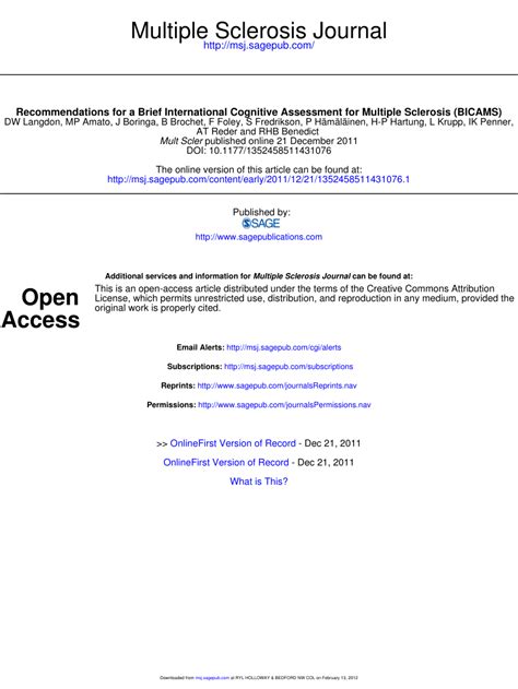 Pdf Recommendations For A Brief International Cognitive Assessment For Multiple Sclerosis Bicams