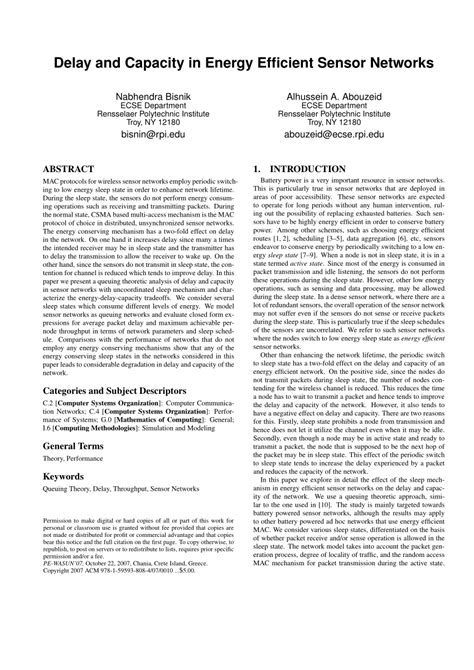pdf delay and capacity in energy efficient sensor networks