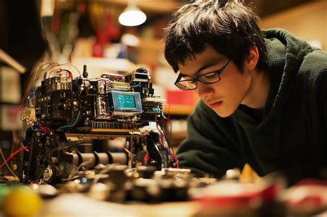 Man Working On Diy Robotics Project In A Workshop Setting Premium Ai