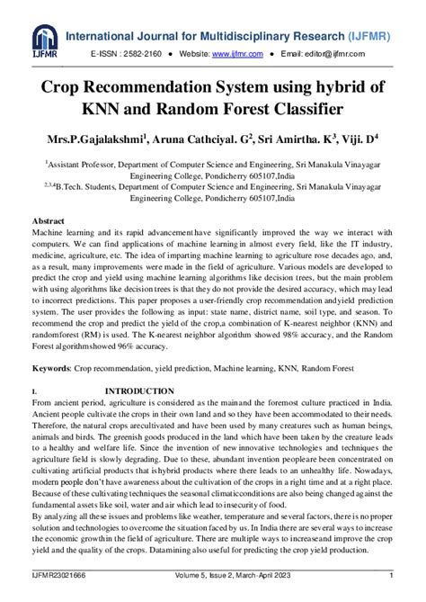 pdf crop recommendation system using hybrid of knn and random forest